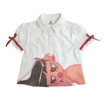 卡通印花蝴蝶结灯笼袖短款上衣