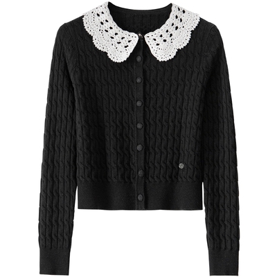 BANANA BABY2026年春新款甜美法式钩花娃娃领毛衣女撞色针织开衫