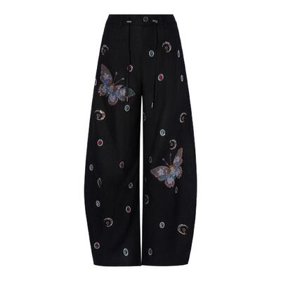 TCH私服烫钻薄款亚麻气质百搭弯刀阔腿宽松休闲长裤女T75B20E5103