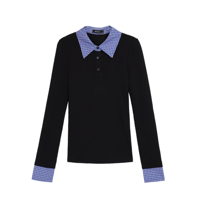 复古格子拼接Polo领假两件针织衫