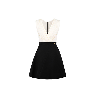 100人丝撞色V领褶皱连衣裙