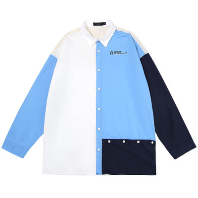 闪电潮牌撞色拼接衬衫黄才伦同款