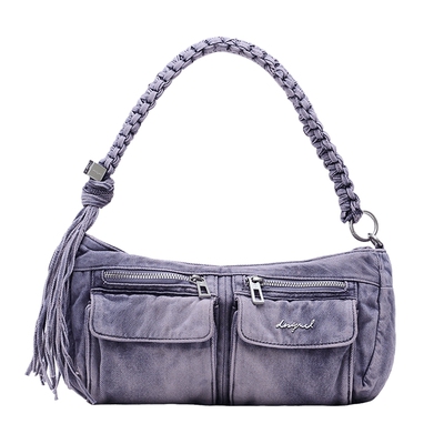 Desigual牛仔多口袋流苏编绳双肩带女式单肩包