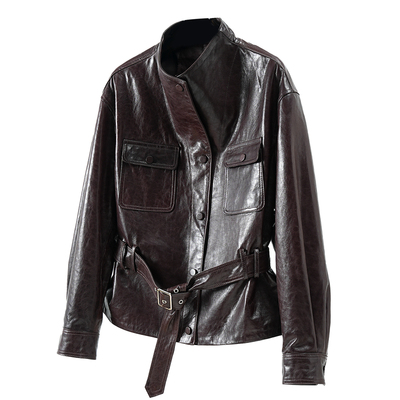 王珞丹油蜡羊皮束腰工装真皮皮衣