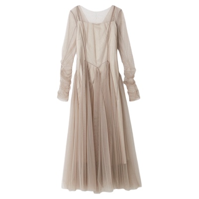 SNIDEL2026春夏新品气质两穿长袖收腰压褶网纱连衣裙SWFO261072