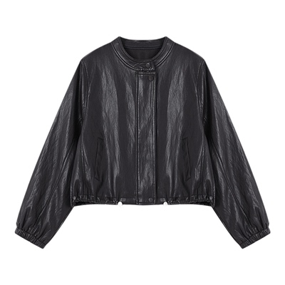Basic House/百家好黑色短款皮衣女2026新款小个子夹克机车服外套