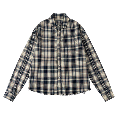 美式复古翻领格子长袖衬衫