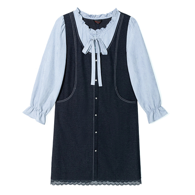 大码女装秋冬装新款显瘦胖妹妹直筒遮肉显瘦百搭长袖假两件连衣裙