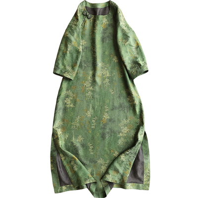 云澍交织香云纱印花花盘扣连衣裙