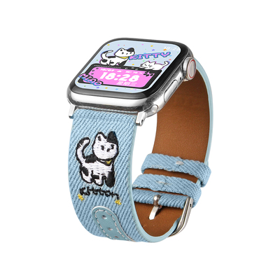 学长家原创牛仔刺绣猫咪真皮表带