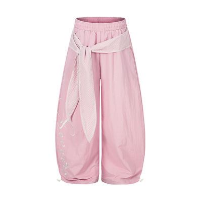 Double L2 美式蕾丝叠穿绑带粉色设计感弯刀休闲宽松伞兵阔腿裤女