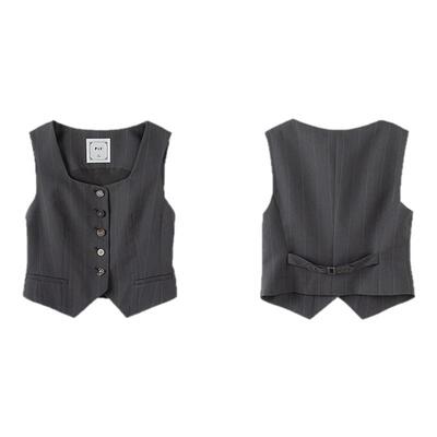 PIT复古条纹马甲2026春季新款西装马夹背心女方领百搭通勤款