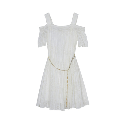 谜底吊带连衣裙短袖夏新款提花一字肩中长裙配腰带232ML0648