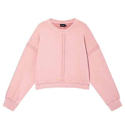 Desigual26春夏新品粉色全棉宽松水洗做旧毛边装饰女式卫衣