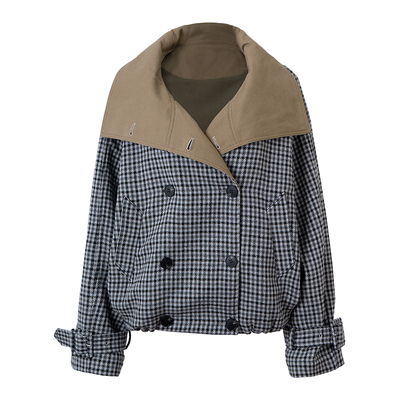 call it a day 灰色格纹立领双排扣羊毛呢夹克外套女 摇粒绒内衬