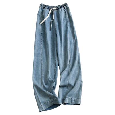系带松紧腰阔腿裤女长裤牛仔裤