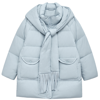 DM100大码百分百女装微胖mm中长款可拆卸连帽围脖立领羽绒服外套