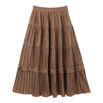 西町村屋丝绒压褶木耳边摆裙女秋冬新款复古百搭半身裙XH9D10183