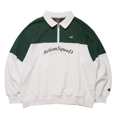 美式复古亲肤绒拼色半拉链卫衣