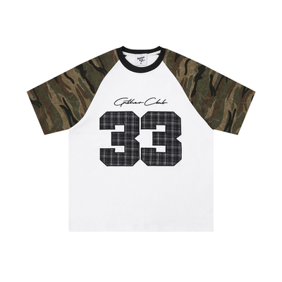 EUEH美式复古插肩袖迷彩拼接短袖T恤男女轻亚刺绣数字休闲上衣潮