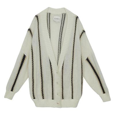 谜底条纹针织开衫女秋季新品慵懒风V领中长款毛衣243GZ1316