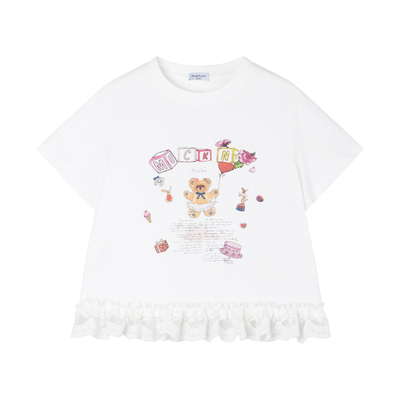 【小熊宝藏屋】sorona光盾凉感 复古小熊蕾丝花边短袖T恤女童夏