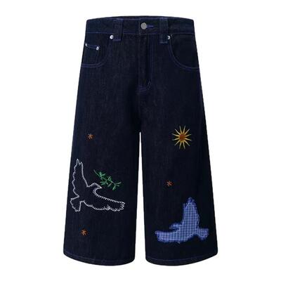 复古花卉刺绣牛仔五分裤直筒阔腿