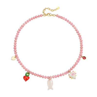 CHEZ LOOPS珊瑚粉域项链原创小众设计轻奢鱼玉石琉璃串珠链镀金