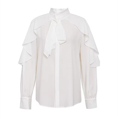 阿玛施荷叶边立领白色长袖衬衫女