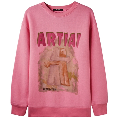 U/TI粉色治愈涂鸦印花卫衣女装百搭抓毛休闲上衣尤缇时尚冬季新款