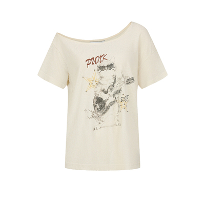 UR&DC2026夏季新款休闲趣味潮酷萌宠印花斜领露肩短袖T恤女棉上衣