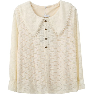 大码娃娃领蕾丝宽松衬衫