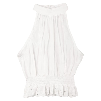 Mengling梦玲 氧气少女 韩系无袖夏季纯欲荷叶边白色挂脖短上衣