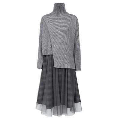 sdeer圣迪奥女装格纹网纱高领针织两件套连衣裙S223Z1442