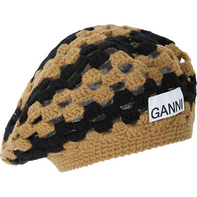 【早秋特惠】GANNI 女摩登贴花钩编镂空设计混纺贝雷帽
