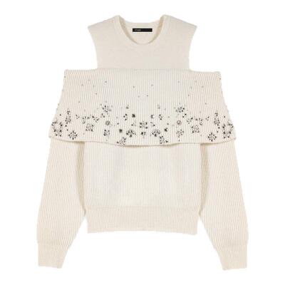 季末6折Maje2025秋冬新款女装法式仿钻装饰圆领露肩假两件针织衫