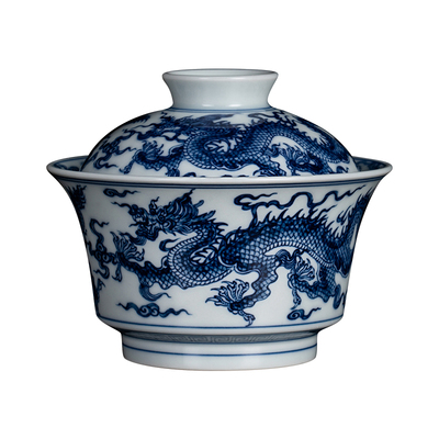 钟家窑陶瓷盖碗 景德镇柴窑青花手工手绘五龙马蹄盖碗高档泡茶碗