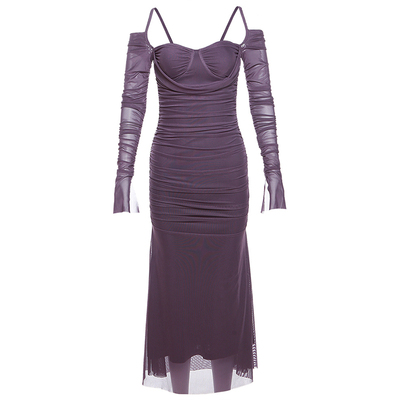 纯欲氛围感褶皱网纱修身复古长裙