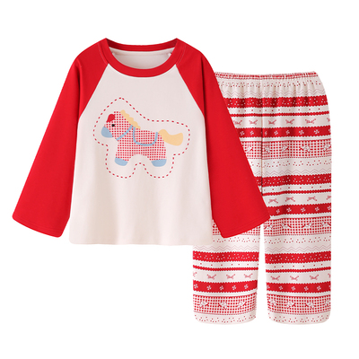 2026新款男童睡衣青少年春秋季纯棉长袖男孩红色本命年儿童家居服