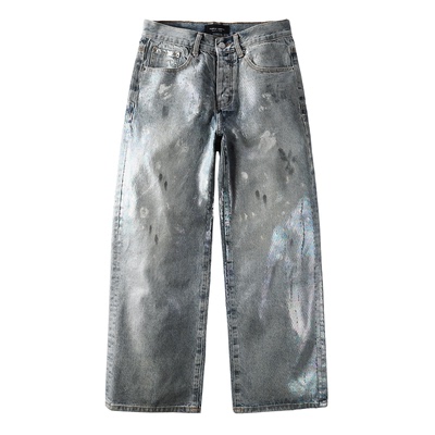 美式潮牌浅色复古涂层宽松牛仔裤