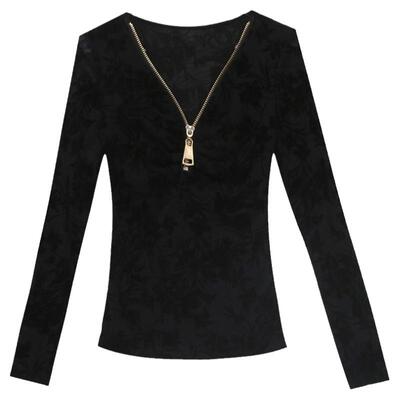 性感拉链V领网纱打底衫女长袖