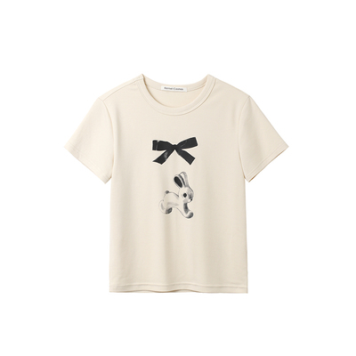 圆领可爱蝴蝶结兔子印花短袖T恤