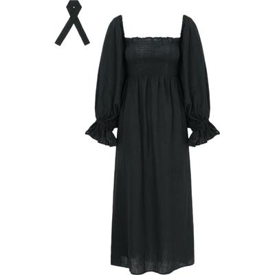 【折扣】Sleeper 女露肩亚麻中长连衣裙小黑裙