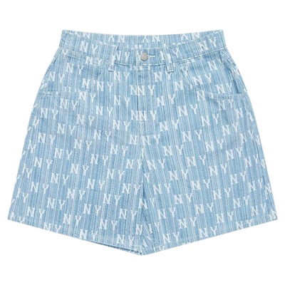 MLB SS24 老花系列 纽约洋基队 复古直筒休闲短裤 男女同款浅蓝色