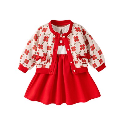 红色喜庆花朵针织外出服