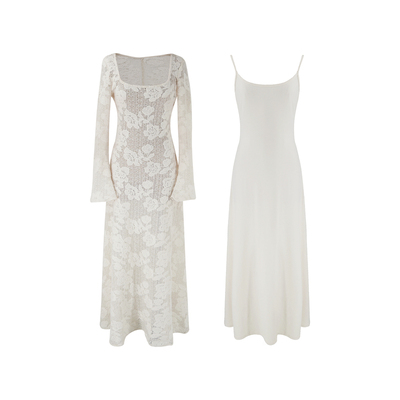 SYT自制方领蕾丝花朵修身连衣裙