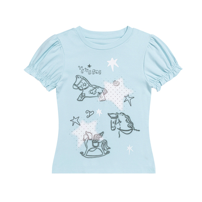 Double L2 星星木马泡泡袖短袖t恤女夏季新款修身显瘦短款上衣ins