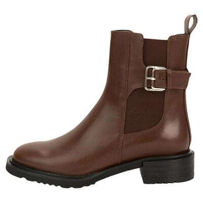 深棕色拉链金属搭扣短靴