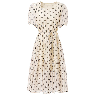 海青蓝方领波点连衣裙