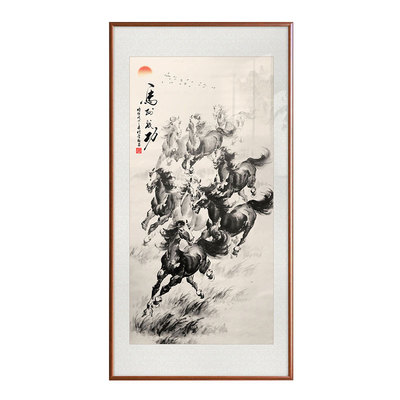 八骏图客厅中式定制实木装饰画